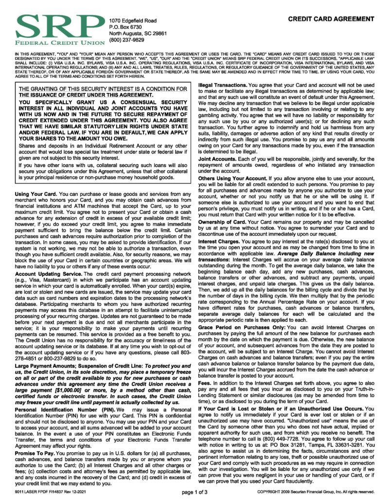 Credit Card Disclosure & Agreement | SRP Federal Credit Union