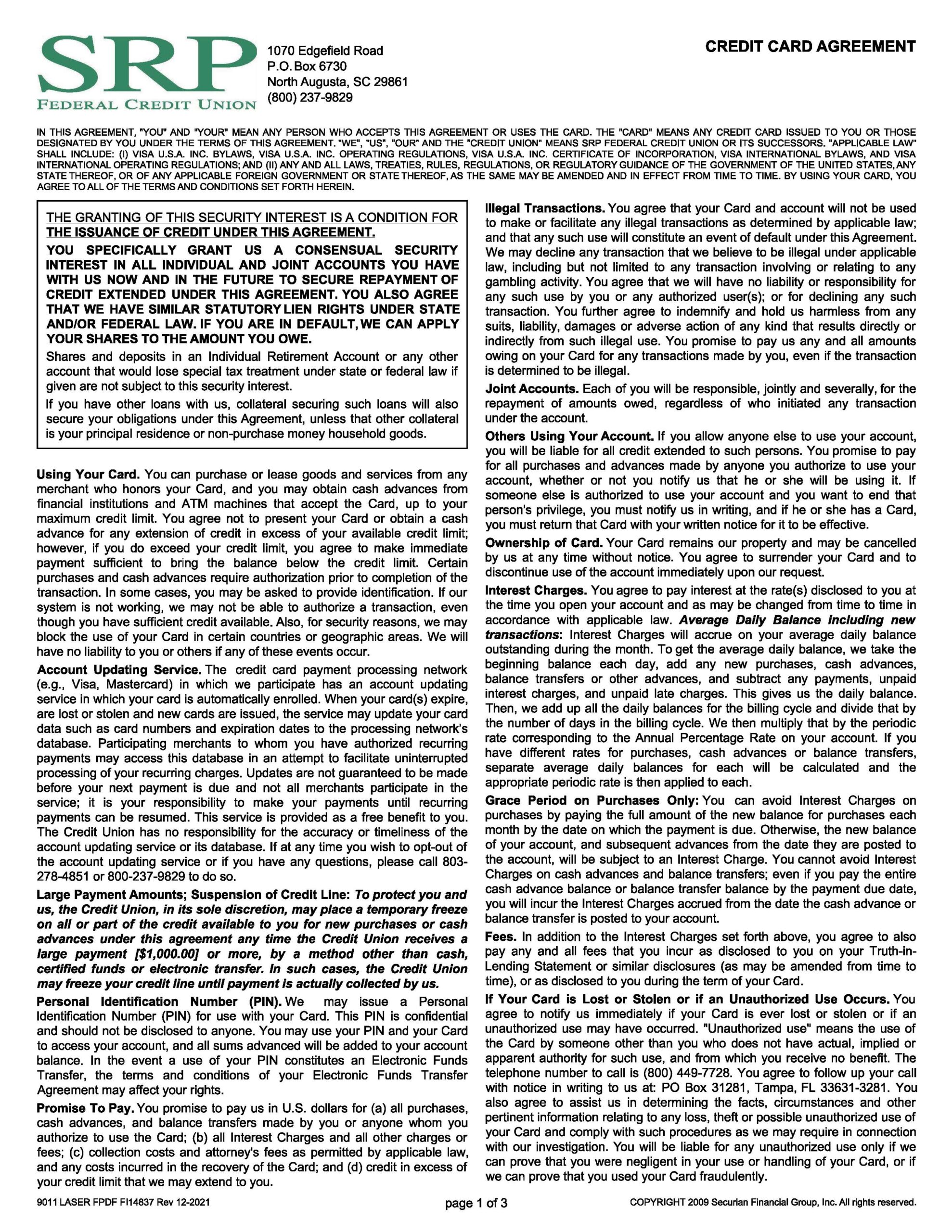 Credit Card Disclosure & Agreement | SRP Federal Credit Union